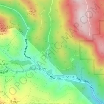 Mapa topográfico Black Hawk, altitud, relieve